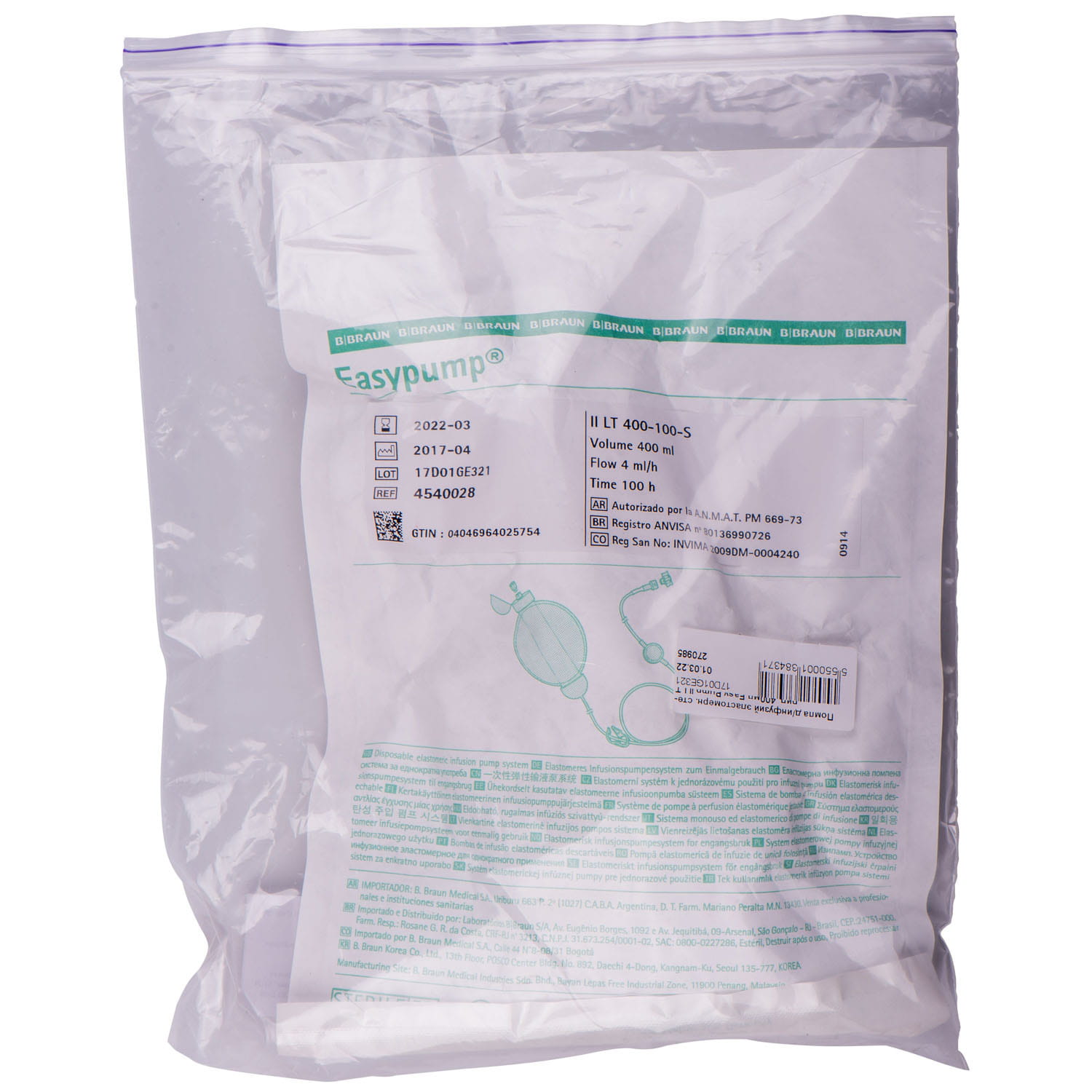 Помпа інфузійна Easy Pump II LT 400-100-S Ізіпамп еластомерна стерильна, об'єм 400 мл, потік 4 ...